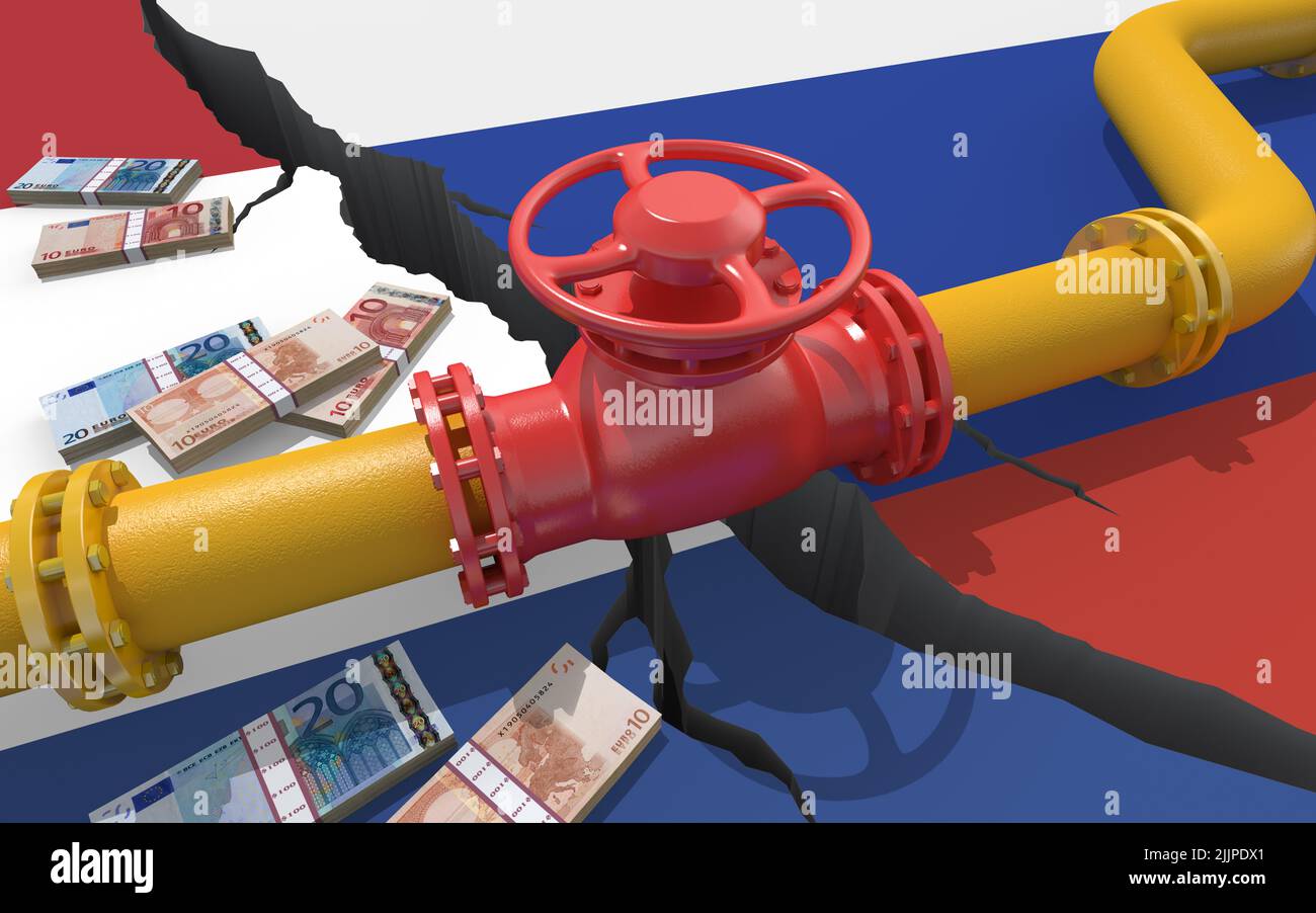 Gas or oil pipeline with valve on background of the flags of Russia and ...