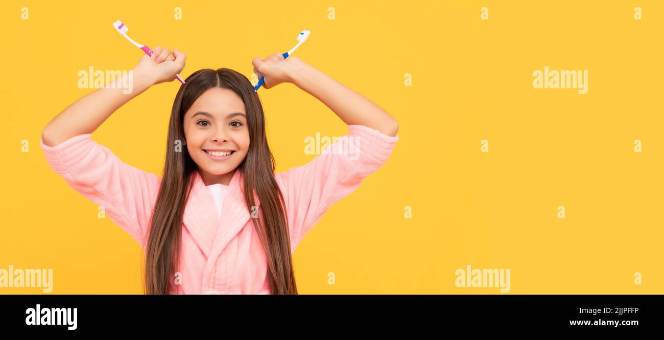 funny teen girl hold toothbrush. childhood happiness. morning routine ...