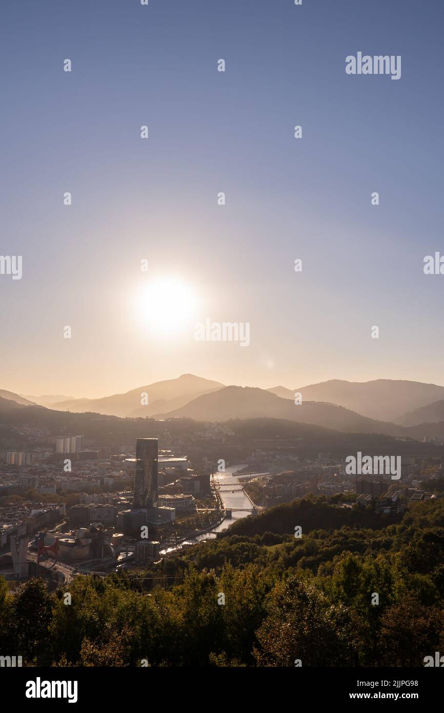 A vertical aerial view of the city of Bilbao in the Basque Country at ...