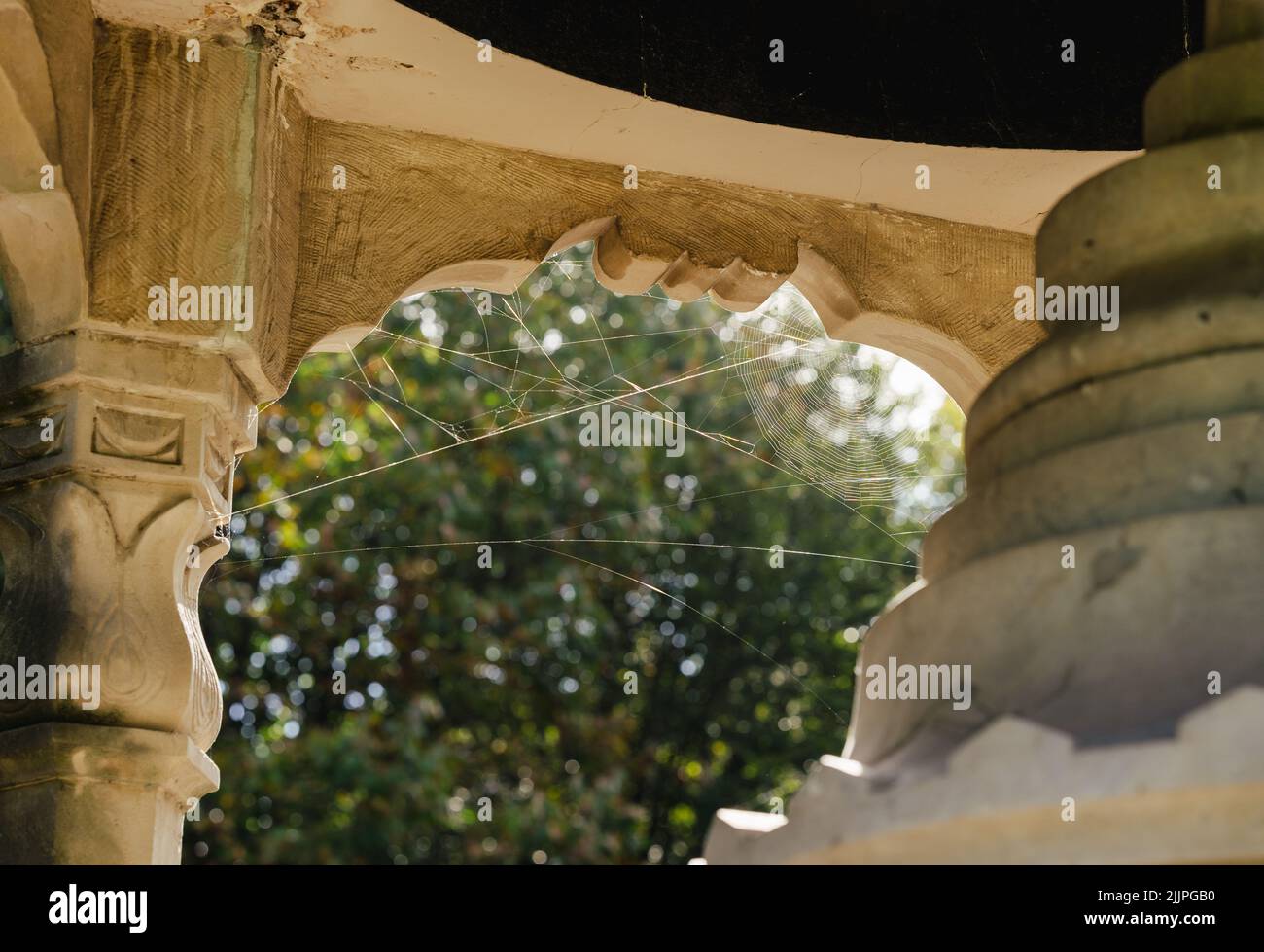 A spider net between the columns of the building in San Sebastian in ...