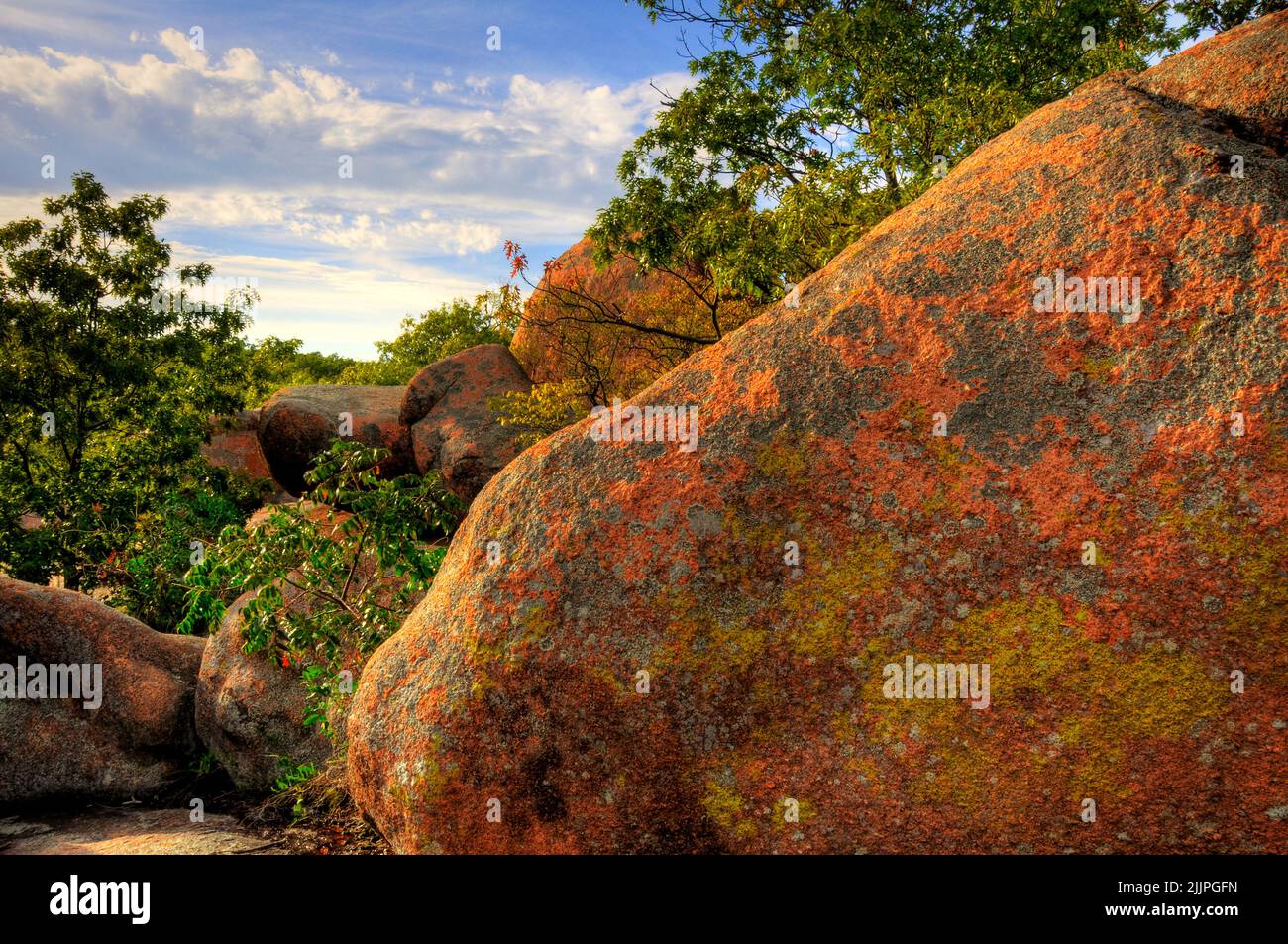 A closeup of Colorful granite rocks at Elephant Rocks State Park in the ...