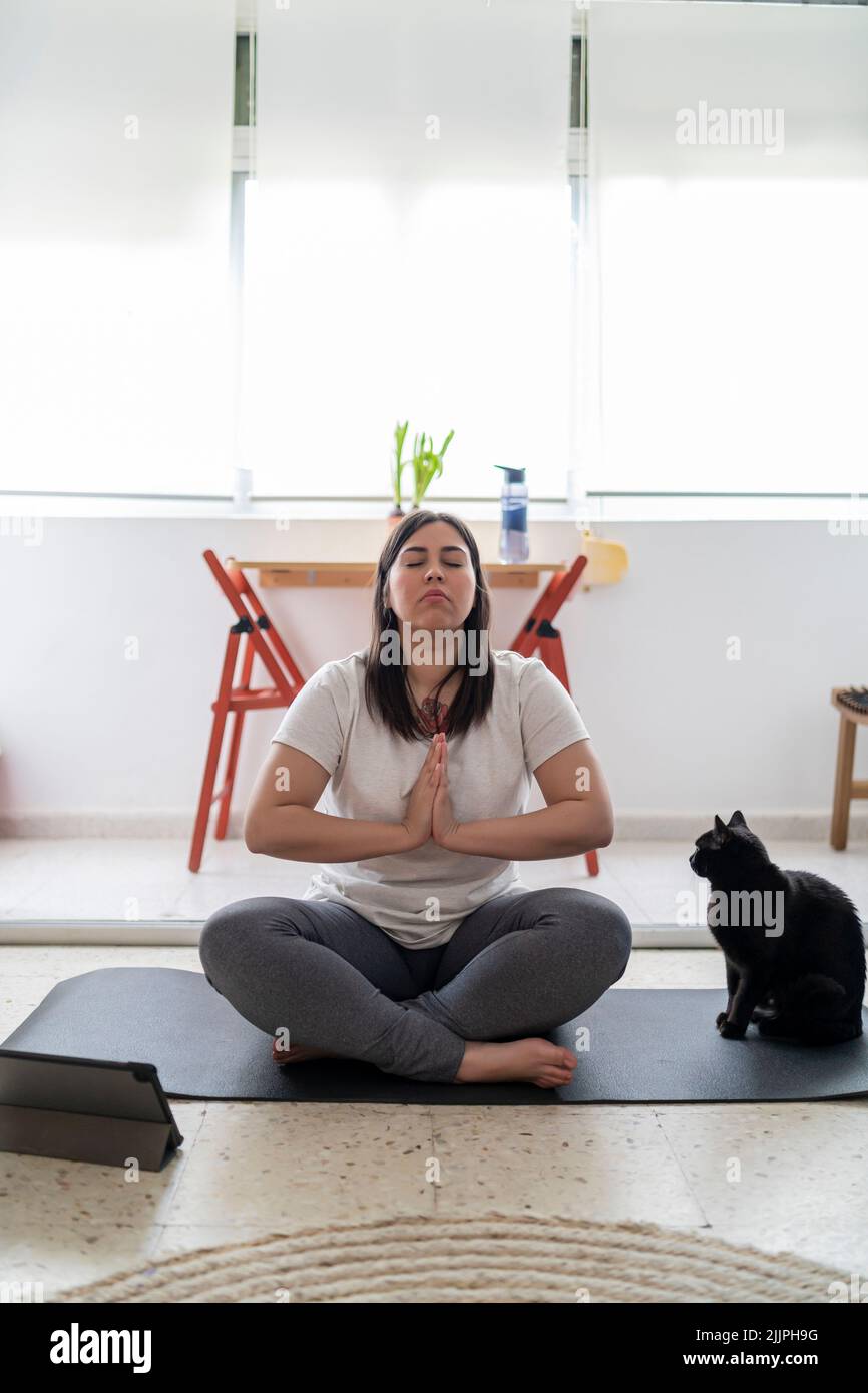 A vertical shot of a young woman showing yoga poses sitting on a grey ...