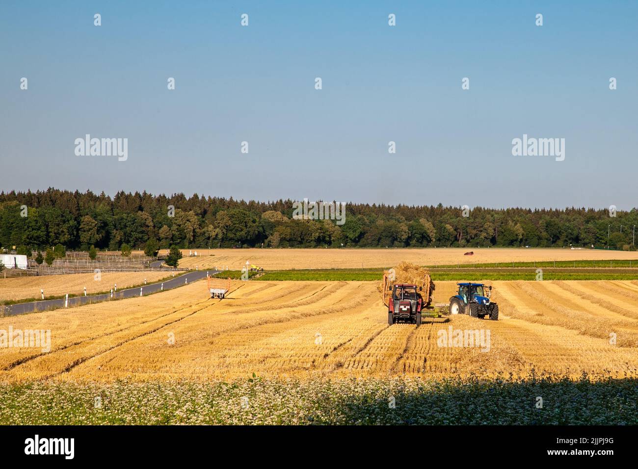 An aerial view of farming field with tractors surrounded by trees Stock ...