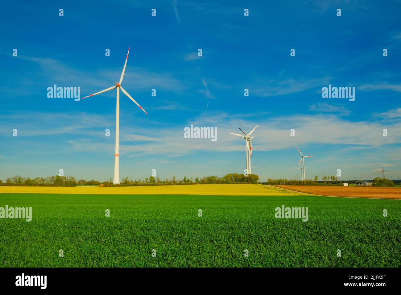 Wind energy.Windmills in a field on a sky background.Wind generators ...