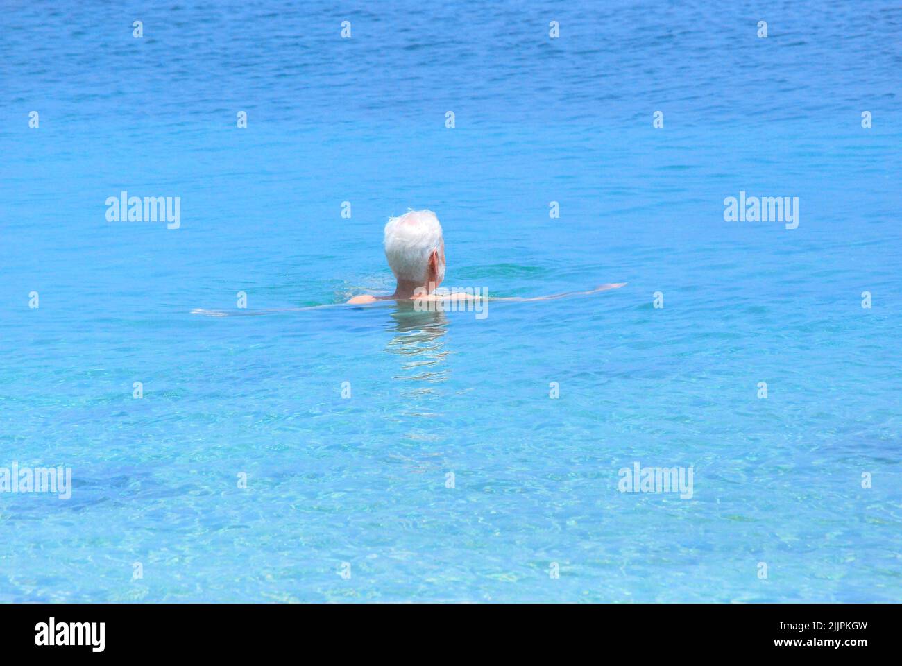 A back view of a senior man with white hair swimming in the clear blue ...