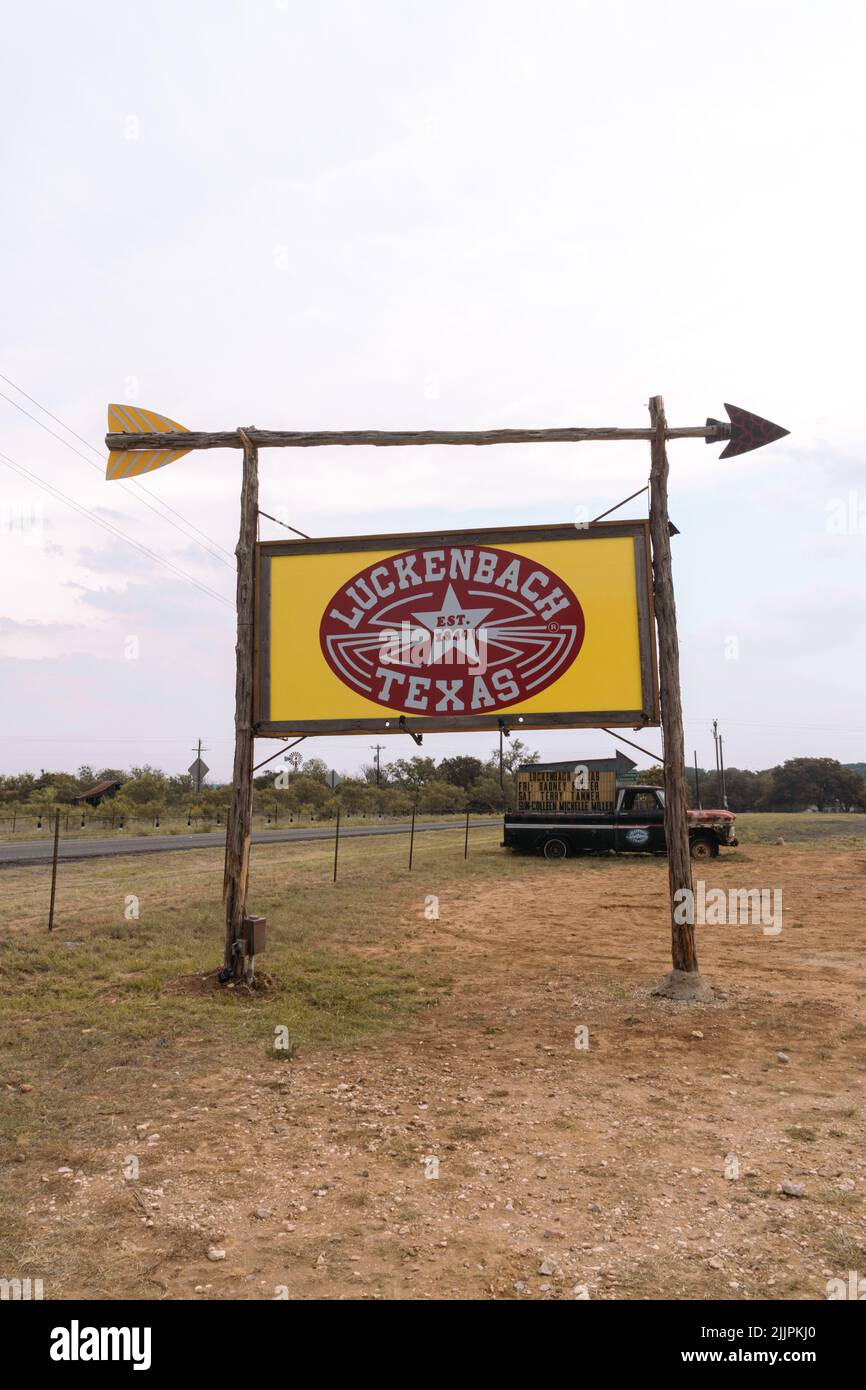 Luckenbach, Texas - May 21, 2022: Welcome sign to the town of ...