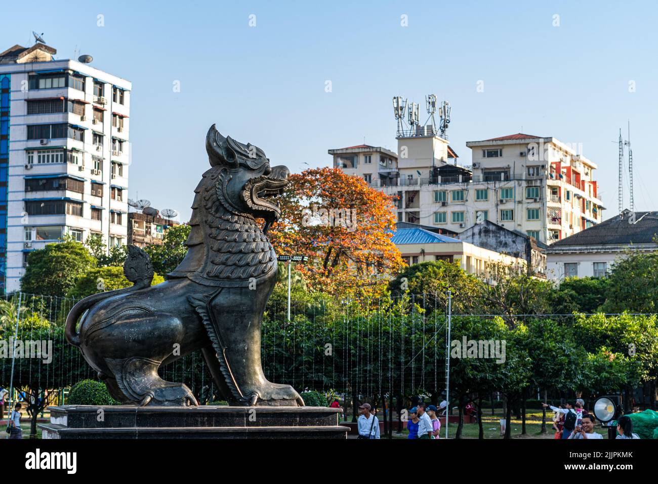 A view of a Statues of Yali at the Maha Bandula Park Monument in Yangon ...