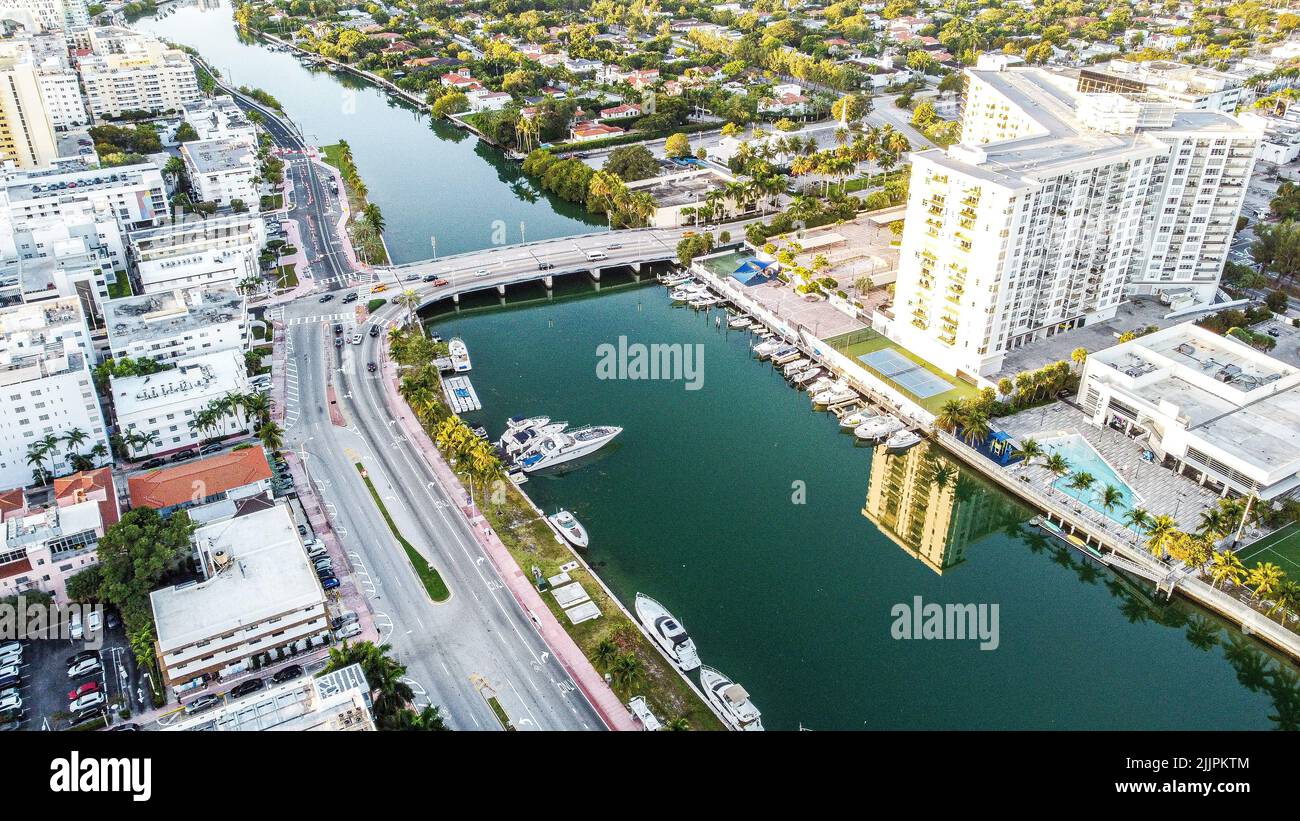 An aerial view of the waterway in Miami at dawn, Florida, USA Stock ...