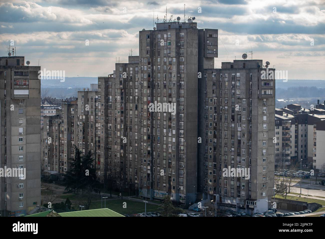 A rooftop view of rows of residential buildings in Belgrade, Serbia ...