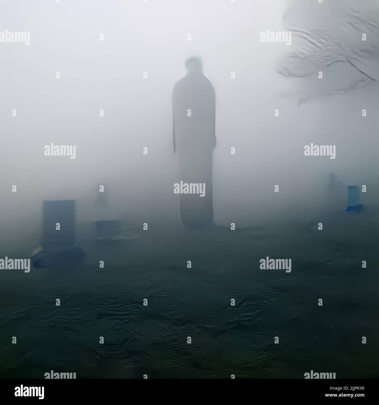 Digital art illustration of a scary creepy giant figure in a foggy ...