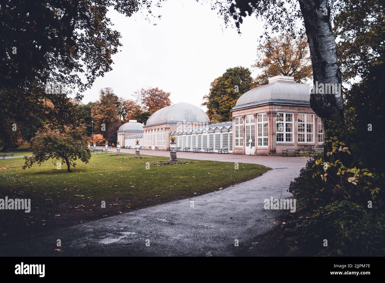 A perspective shot of the glass pavilions in the Sheffield Botanical ...