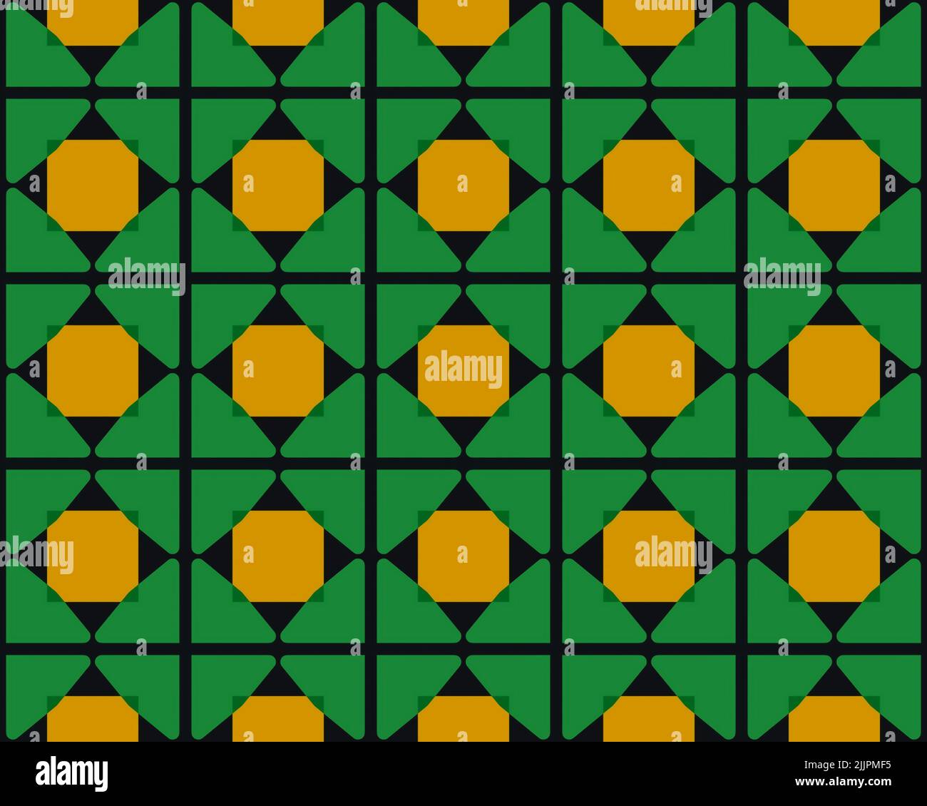 An illustration of seamless yellow and green square and triangle tile pattern on a black ...