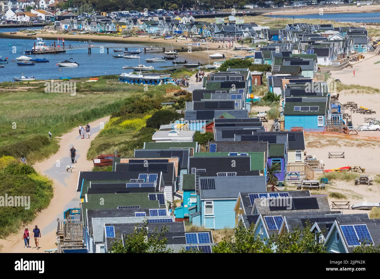 England, Dorset, Christchurch, Mudeford Sandbank, Beach and Beach Huts ...
