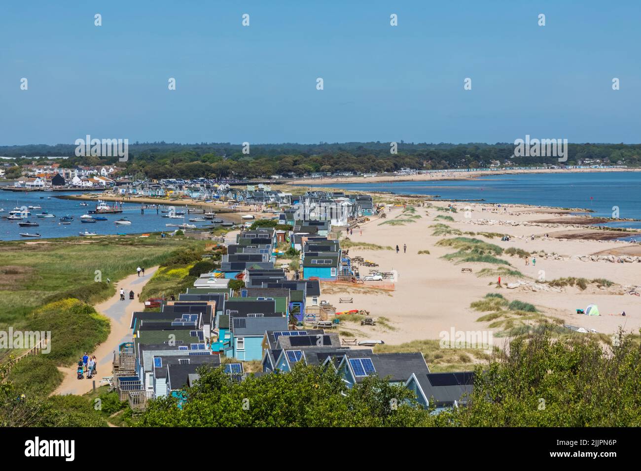 England, Dorset, Christchurch, Mudeford Sandbank, Beach and Beach Huts ...