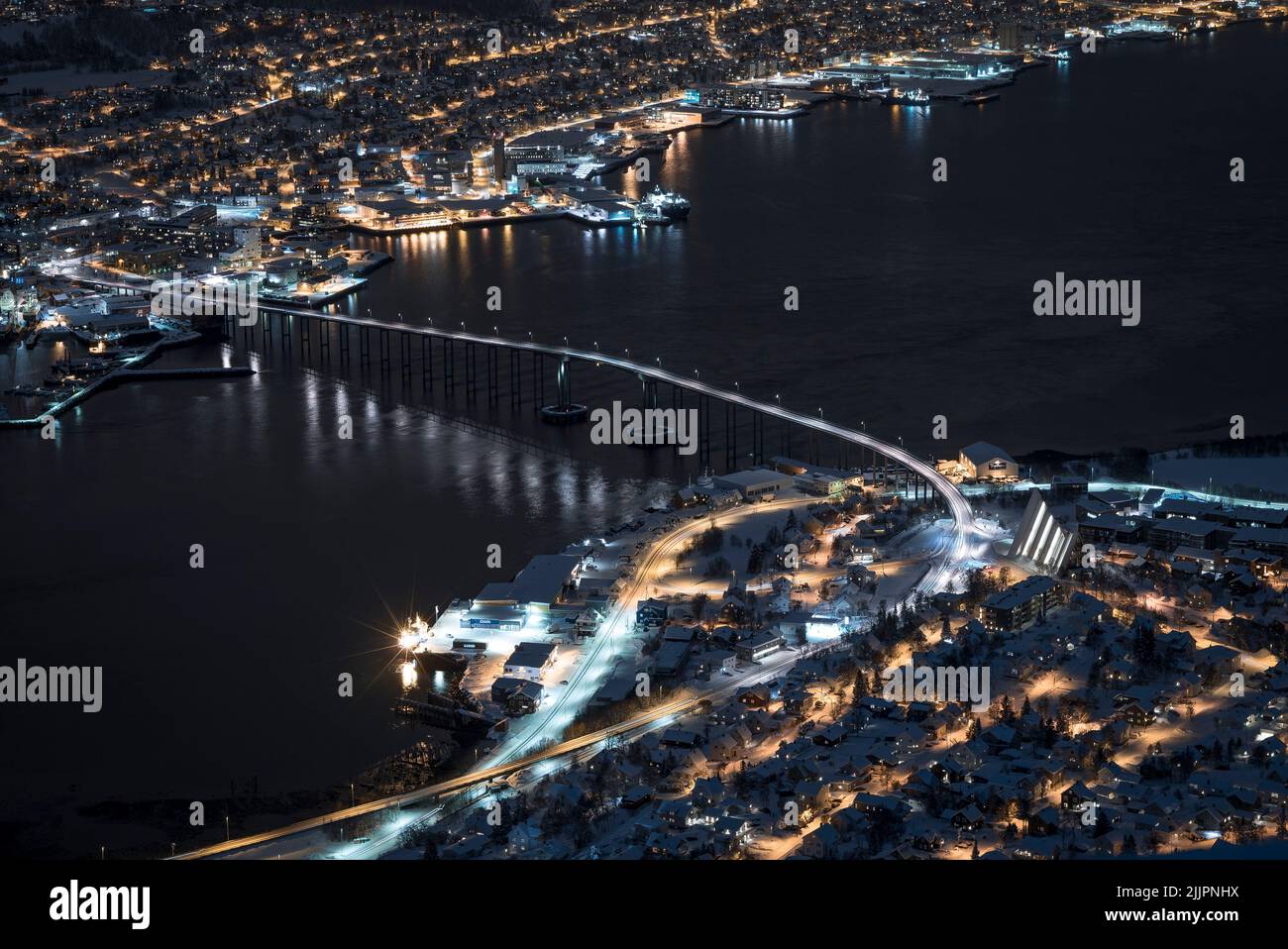 Aerial cloudy view of the beautiful city of Tromsdalen, Norway Stock ...