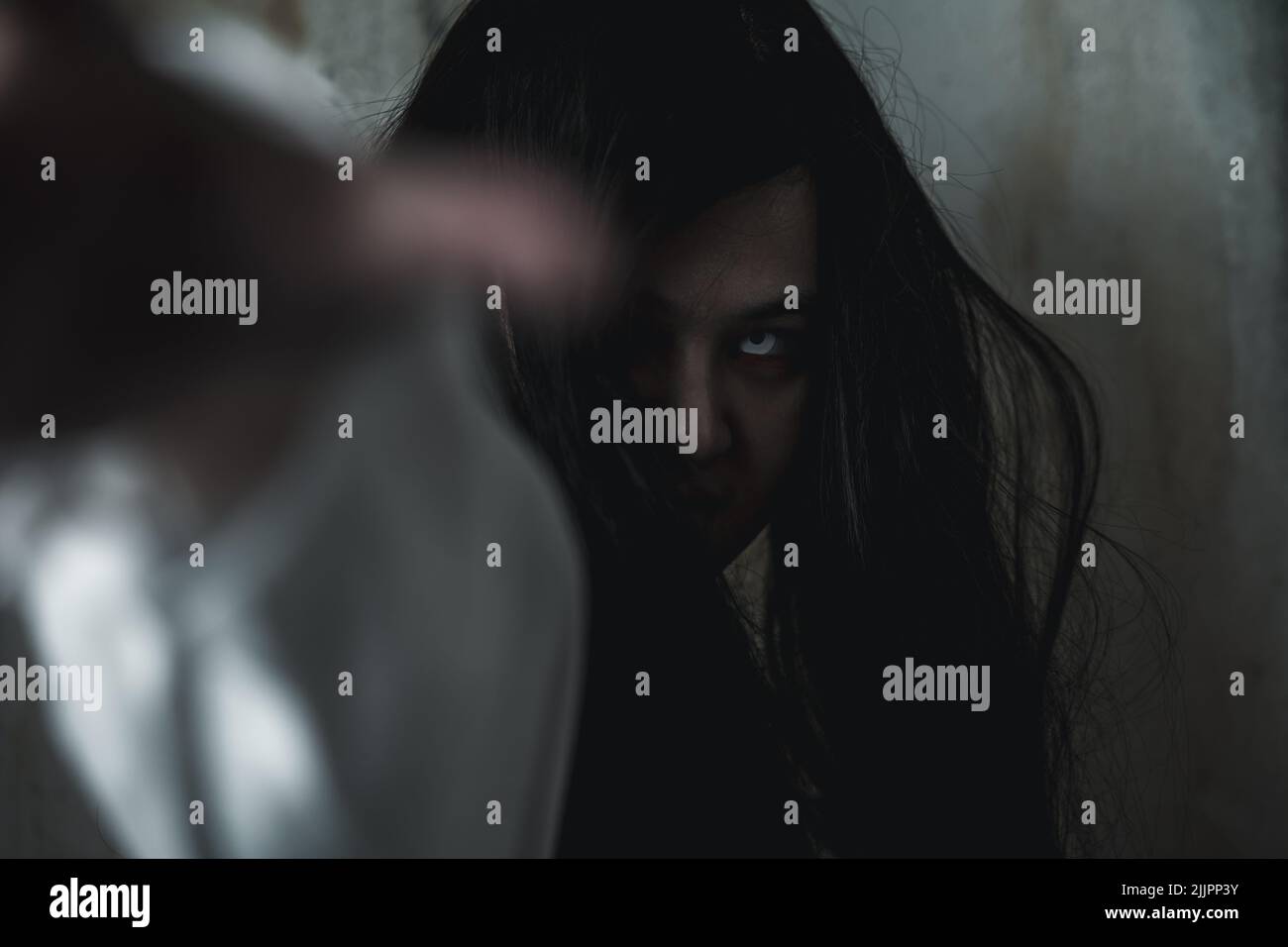Scary ghost woman. Asian ghost or zombie horror creepy scary have hair ...