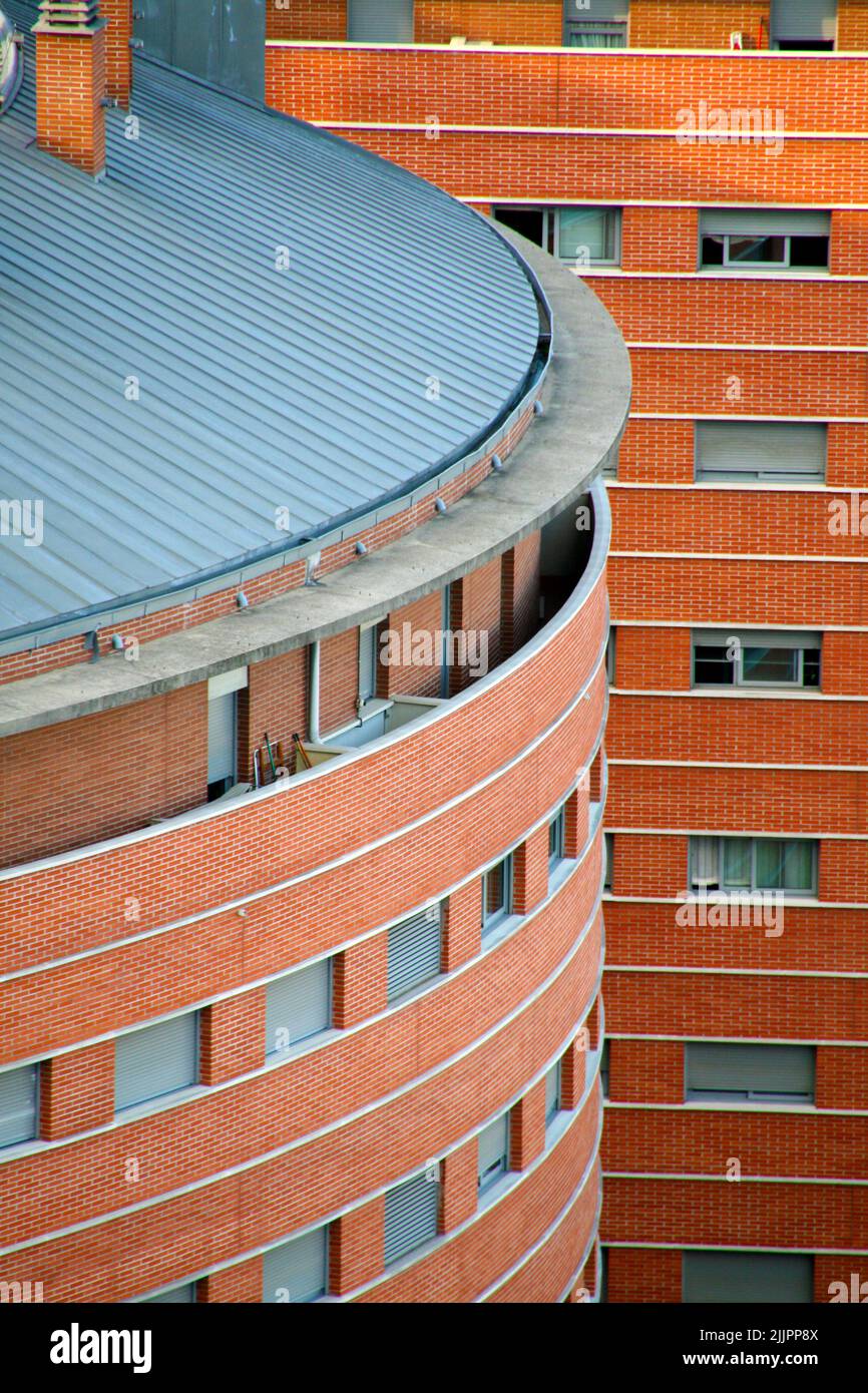 The front facade of the colorful building in a neighborhood of Bilbao ...