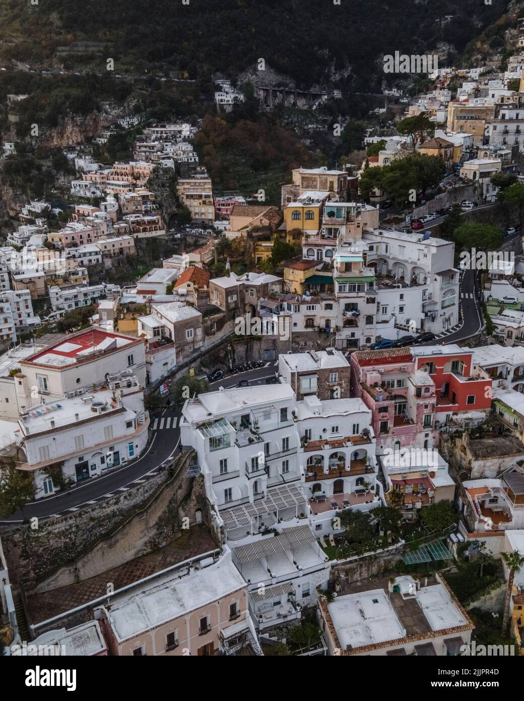An Aerial view of Positano with colorful rooftop along the Amalfi Coast ...