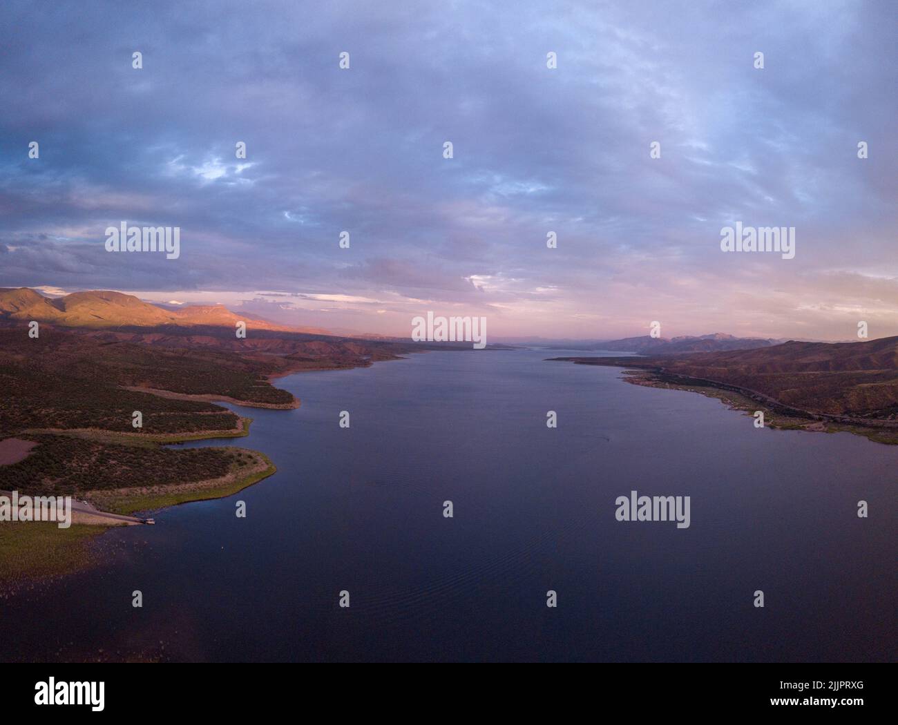 An aerial view of the Lake Roosevelt and the forested areas near the ...