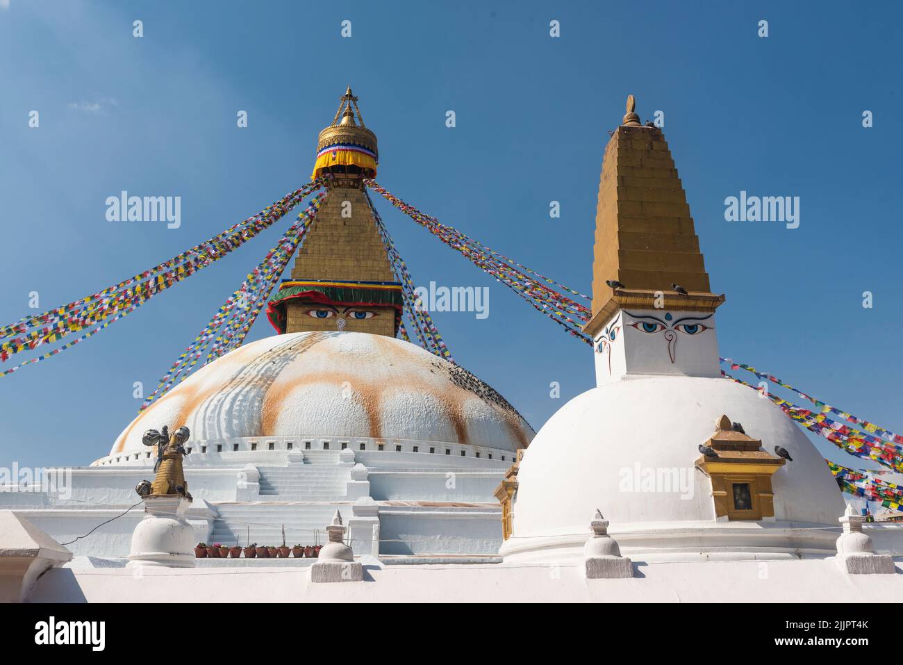 A low angle shot of the white Buddhist monument Boudhanath Stupa in ...