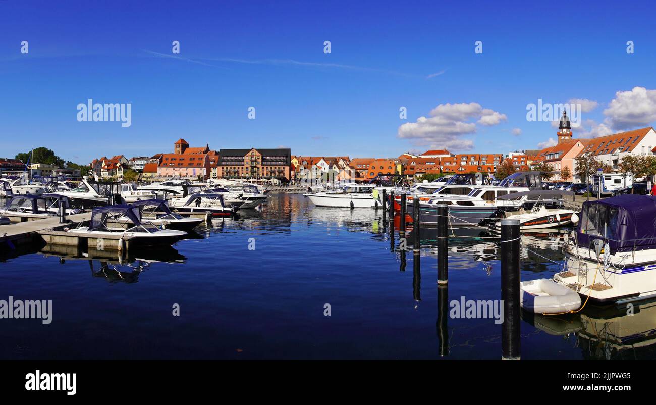 A view of the town of Waren on the shore of Mueritz with its harbour in ...