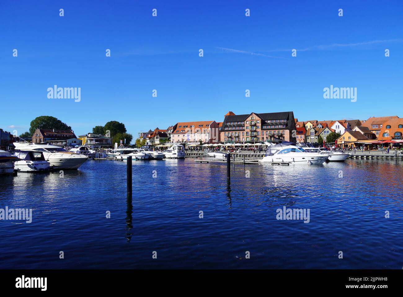 A view of the town of Waren on the shore of Mueritz with its harbour in ...