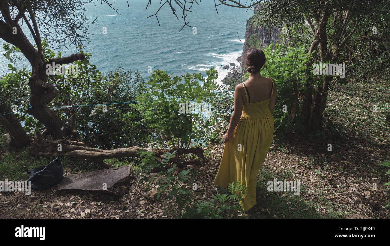 A young female in a yellow dress on a cliff above a seashore Stock ...
