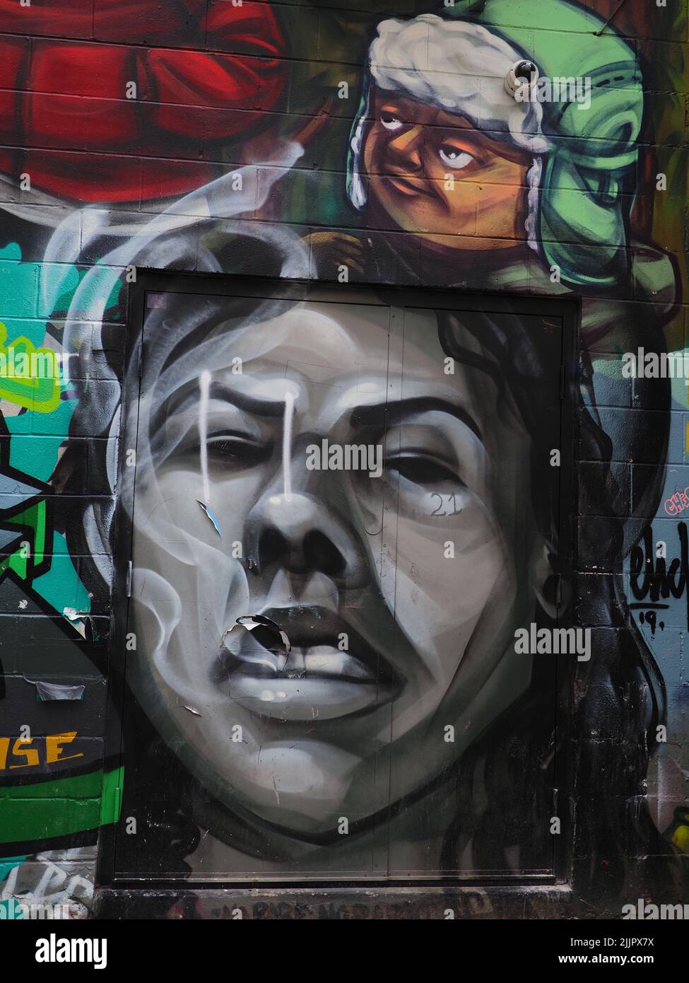 A vertical shot of a graffiti of a woman's face on the wall in Graffiti ...
