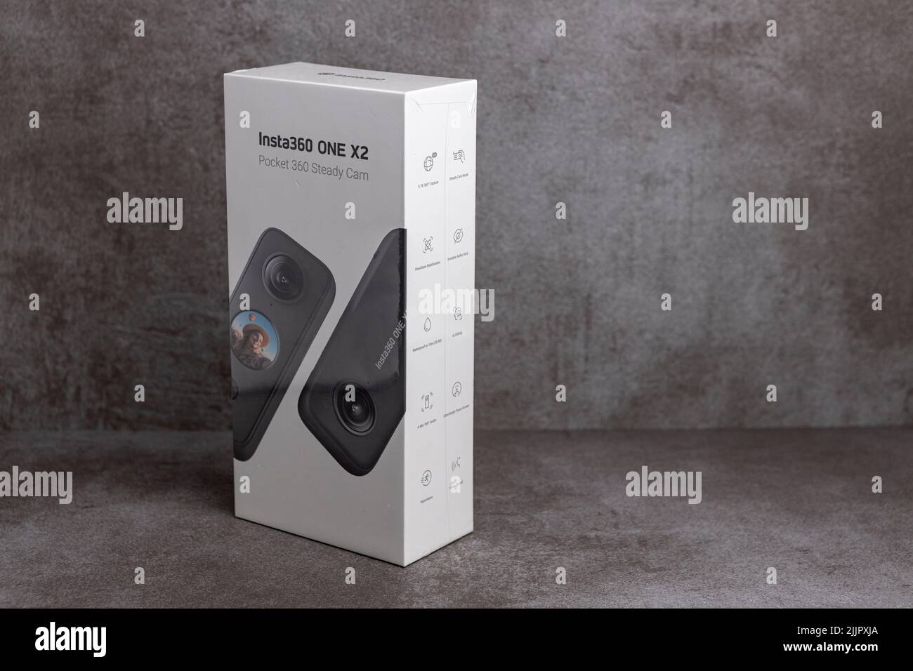 Insta360 ONE X2 new package camera box against a modern contemporary ...