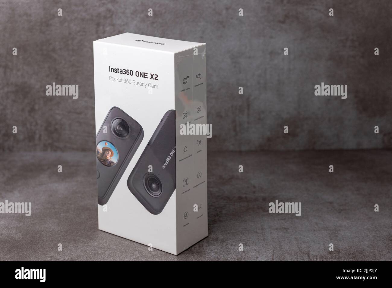 Showing features on Insta360 ONE X2 new package camera box against a ...