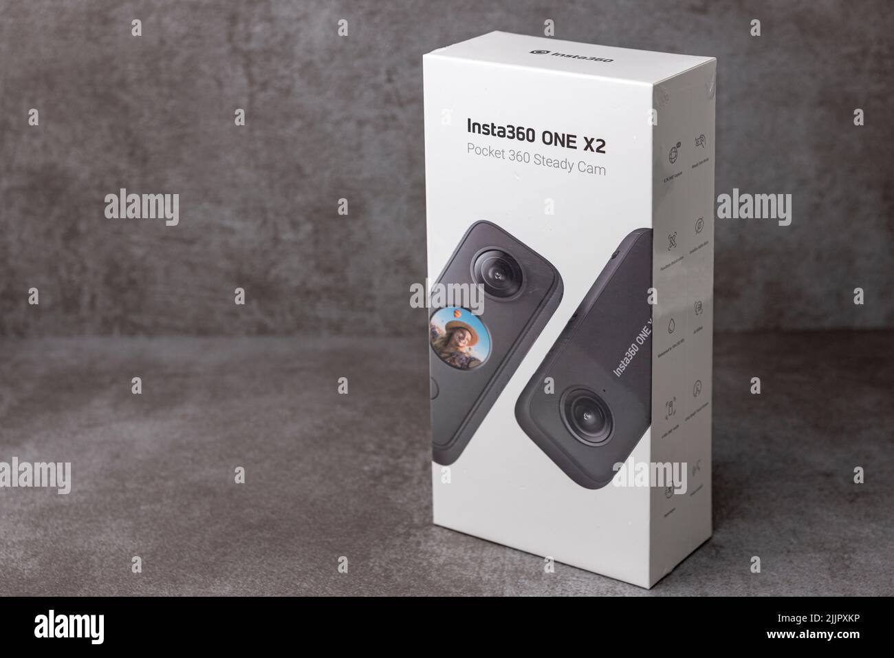 Stylish Insta360 new package camera box against a modern contemporary ...