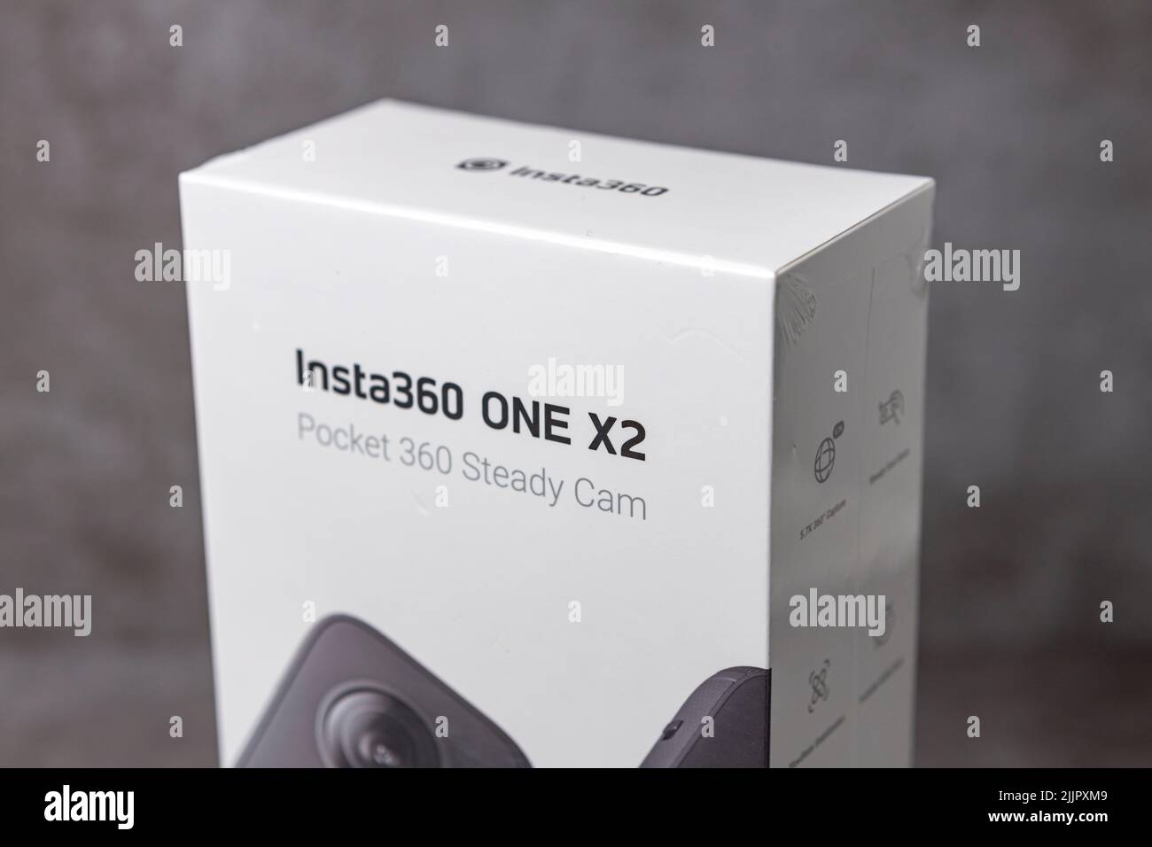 ONE X2 Insta360 new package camera box against a modern contemporary ...
