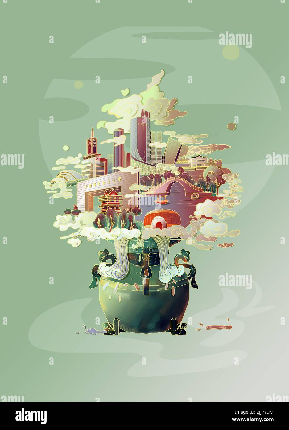 A vertical illustration of different countries mixed together on clouds ...