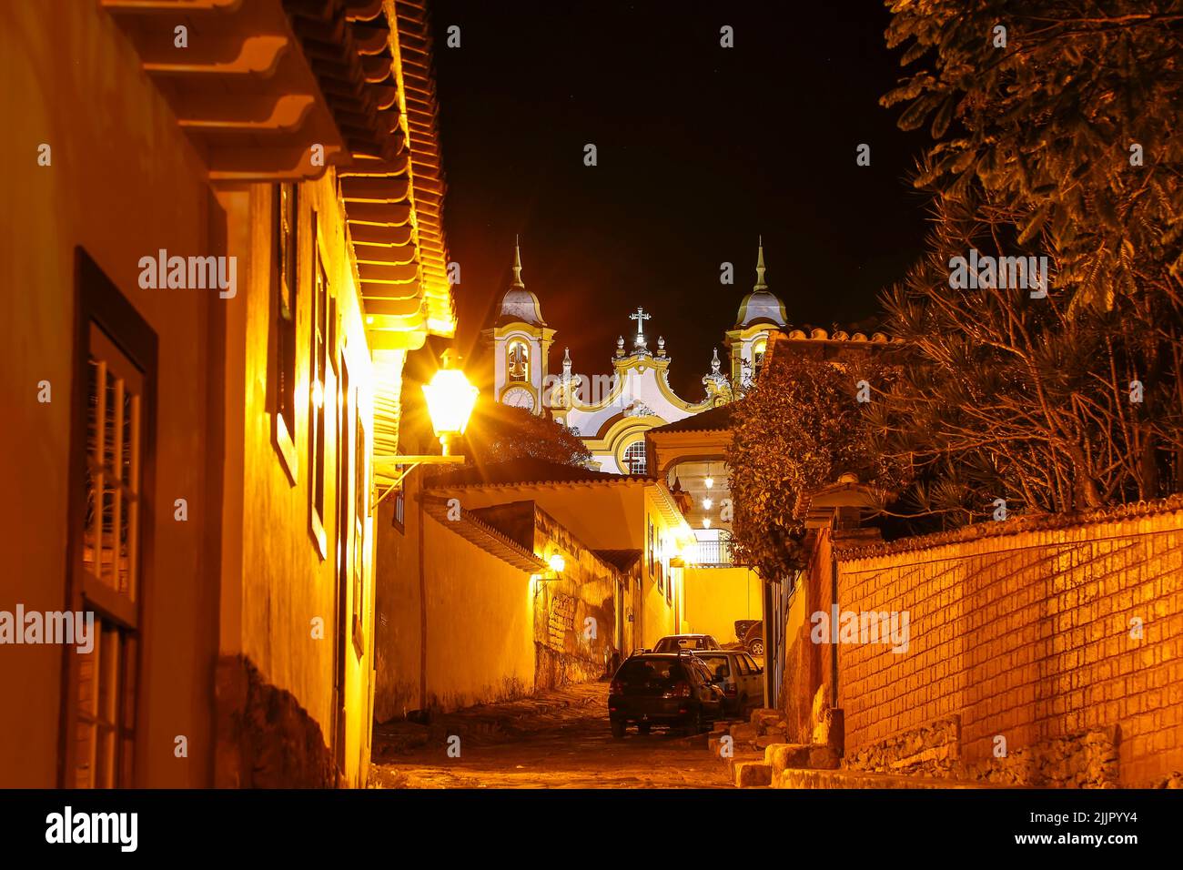 night view of the street and church of santo antonio on historic city ...