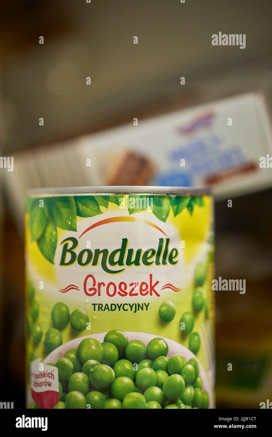 A vertical shot of Polish Bonduelle brand green traditional conserved ...