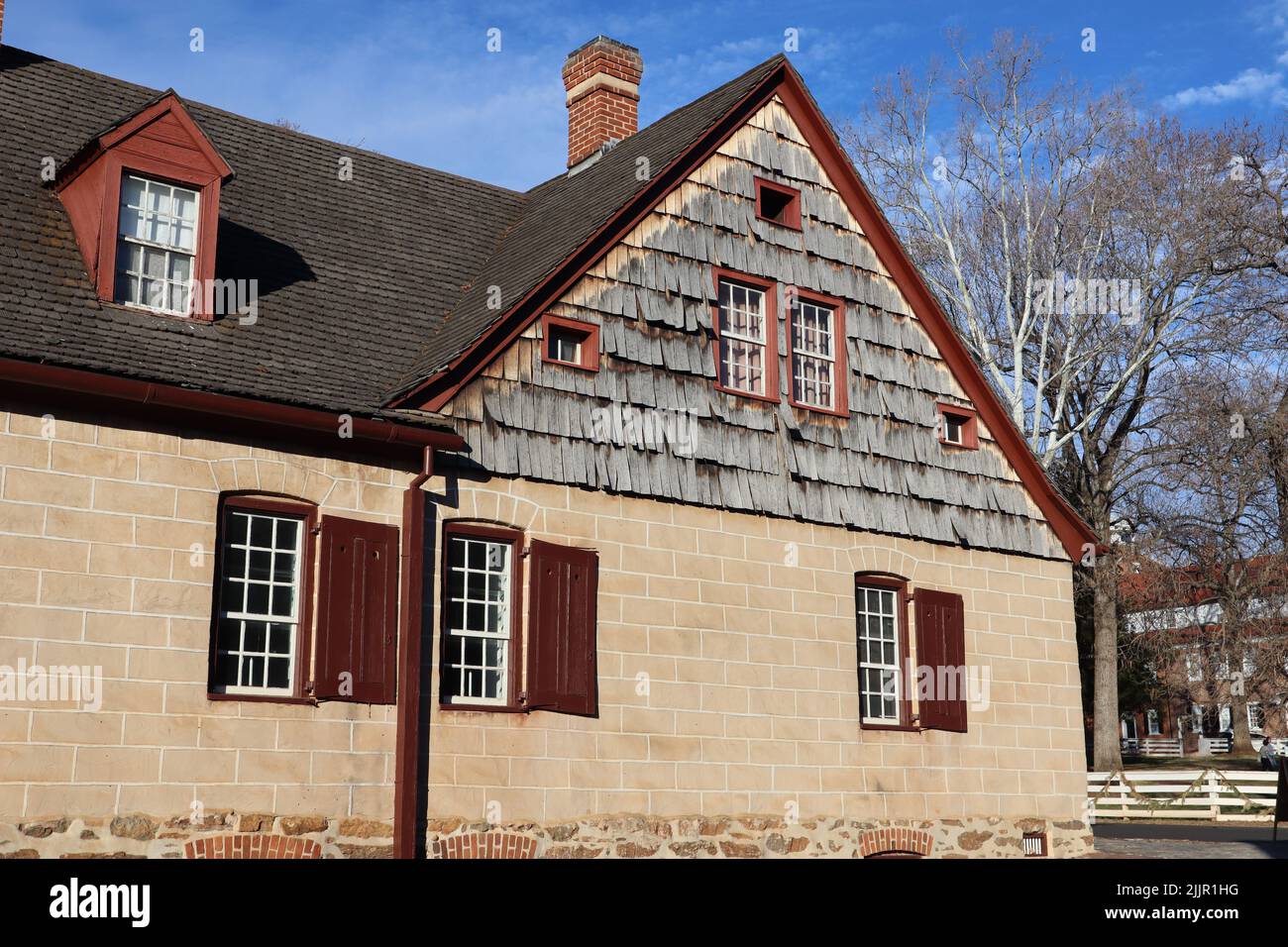 An outdoor view of a historical building in Old Salem, North Carolina ...