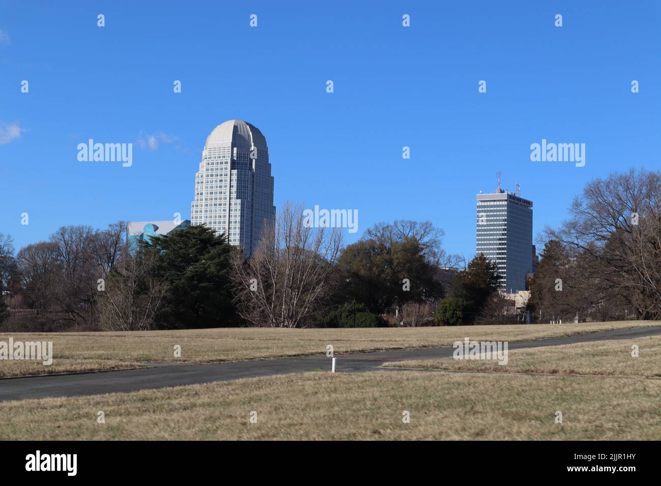 A natural view of a vast field with high-rise buildings in the ...