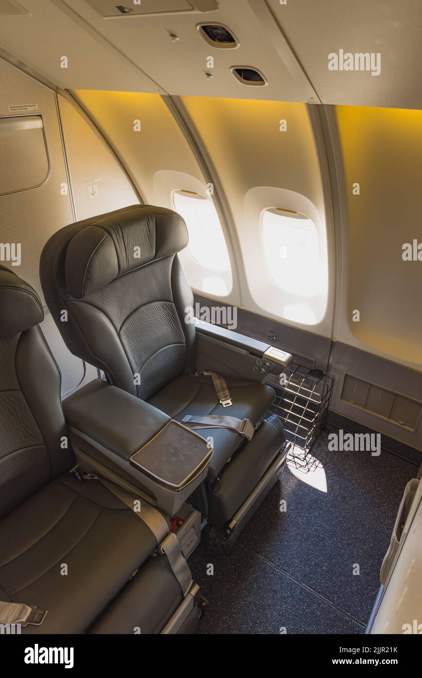 A vertical shot of crew seats in a Boeing 747-8F aircraft Stock Photo ...
