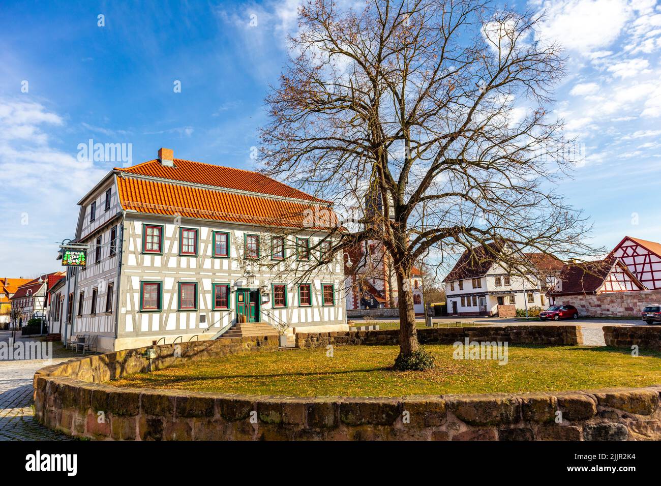 A circle lawn with a tree and buildings in the small town of Breitungen ...