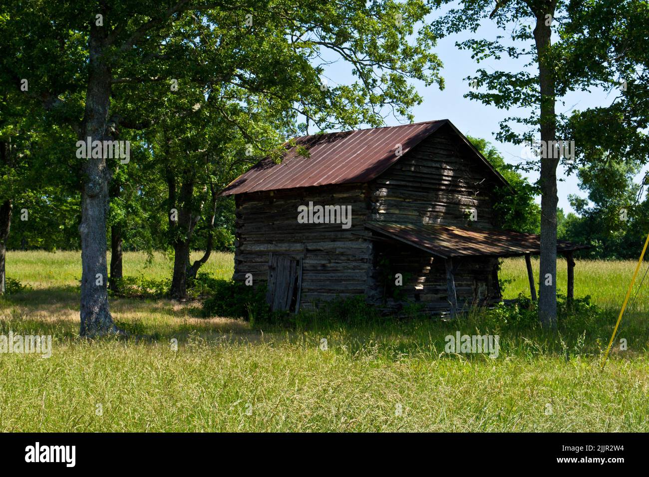A small wooden rural village in a forest under the bright sunlight ...