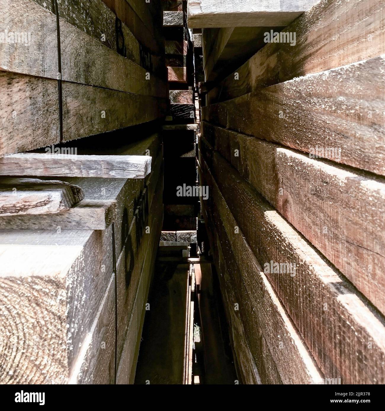 Wood working industry stack of wooden planking lath board joist table ...