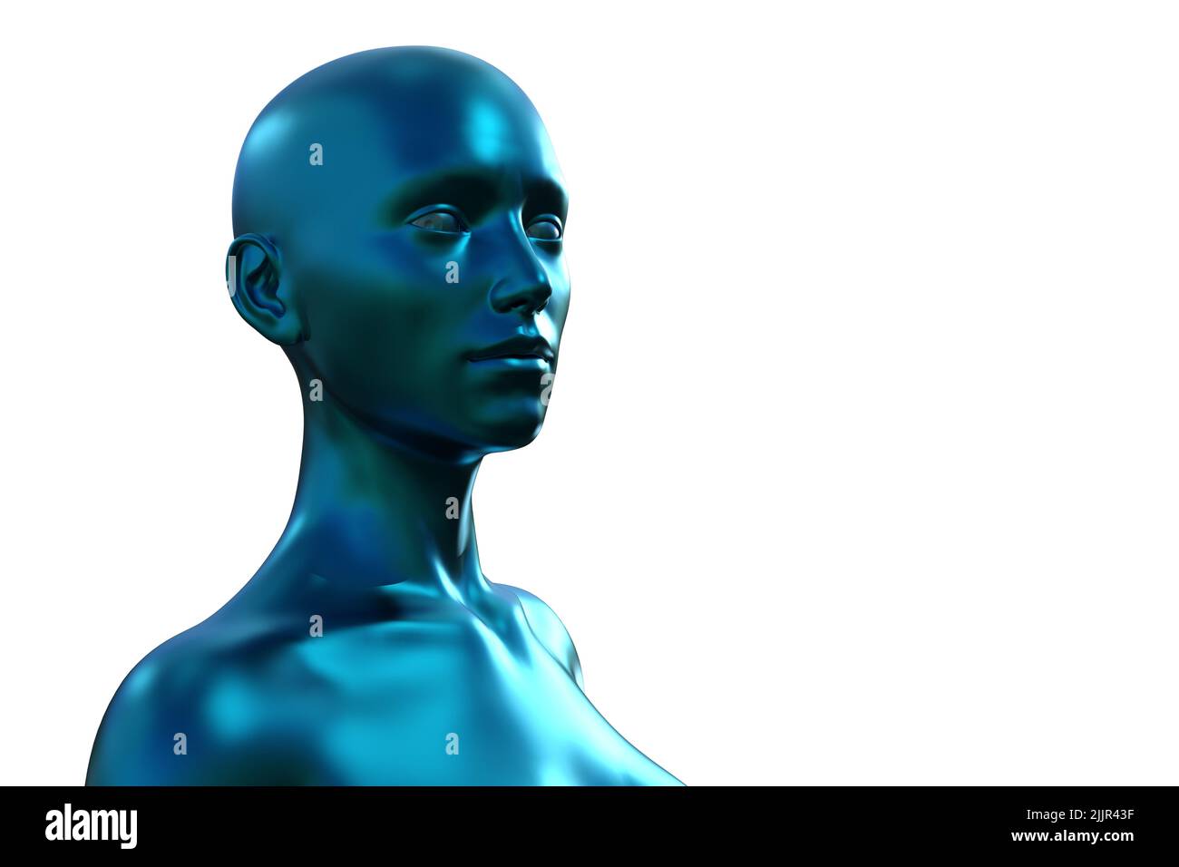 3d illustration. Portrait of a blue bald woman on a white background ...