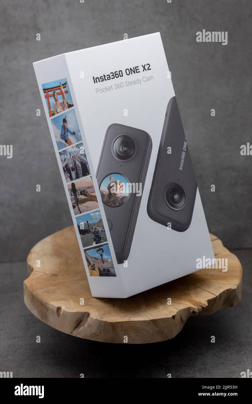 Insta360 ONE X2 new package camera box on a wooden display stand ...