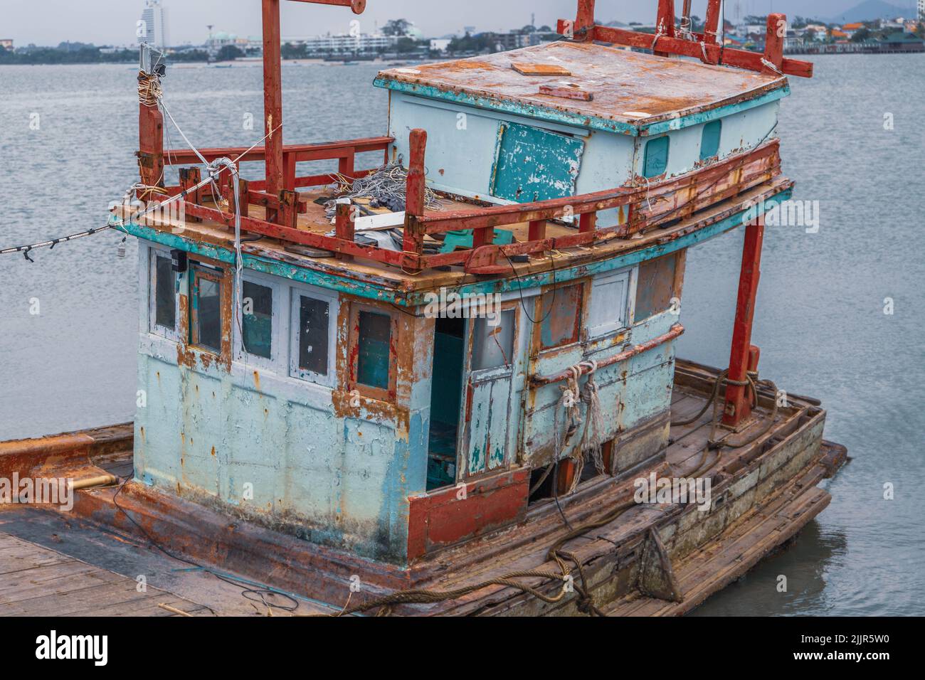An old squid fisherboat parked in Bang Sare, Thailand Stock Photo - Alamy