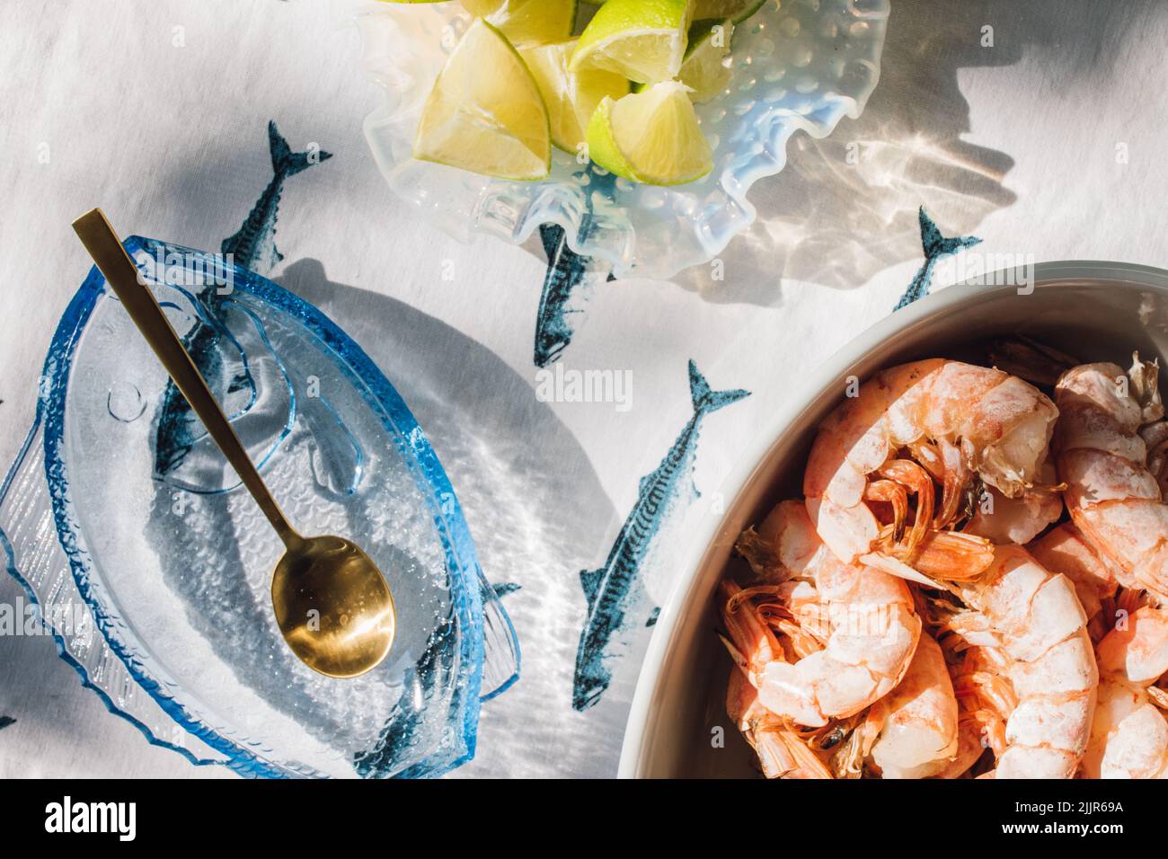 summer Seafood supper table spread to make fish tacos, prawns ...