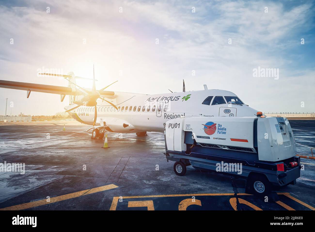 A shot of an Emerald Airlines ATR 72 airplane parked at the Dublin ...