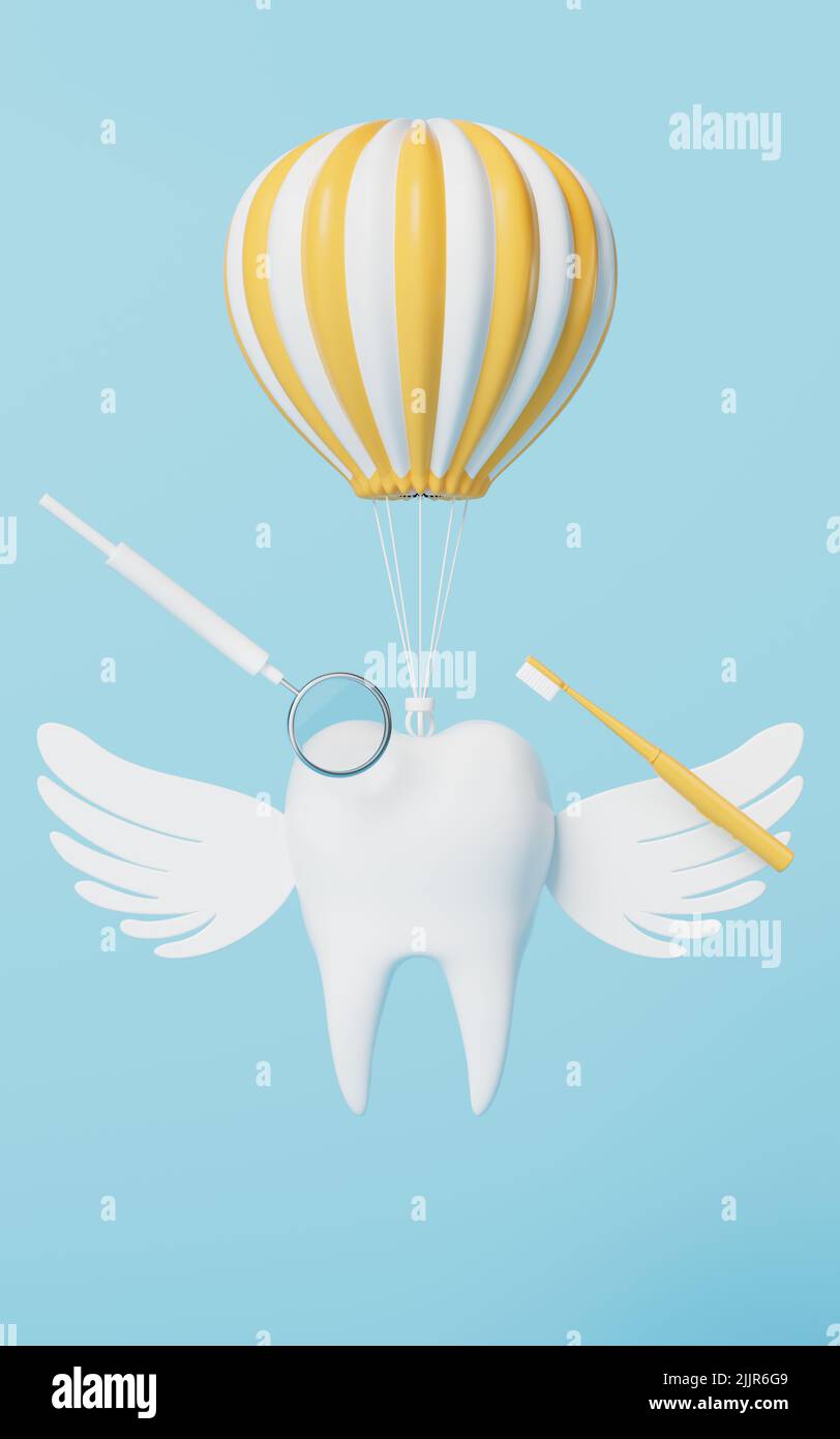 A dental mirror and cartoon angel tooth, 3d rendering. Computer digital ...