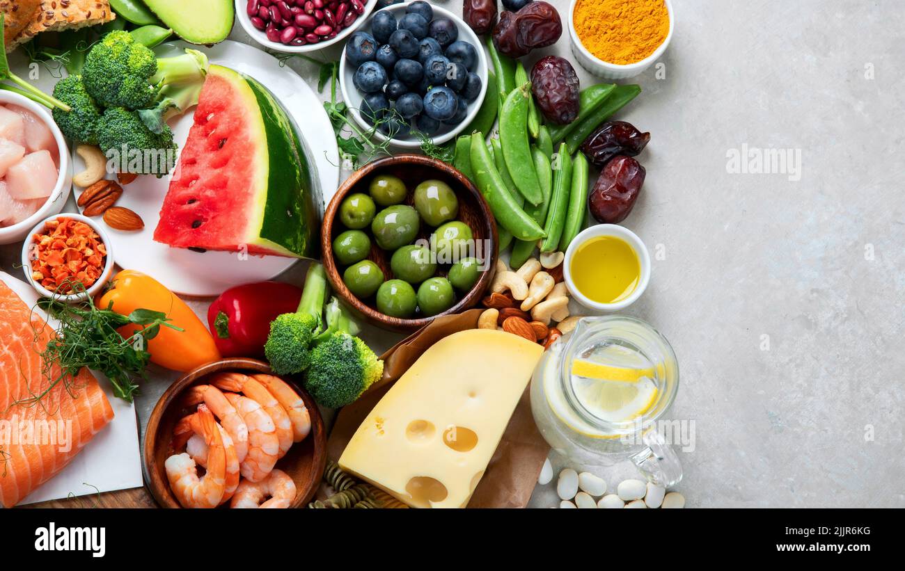 Healthy food assortment on light background. Diet concept. Top view ...