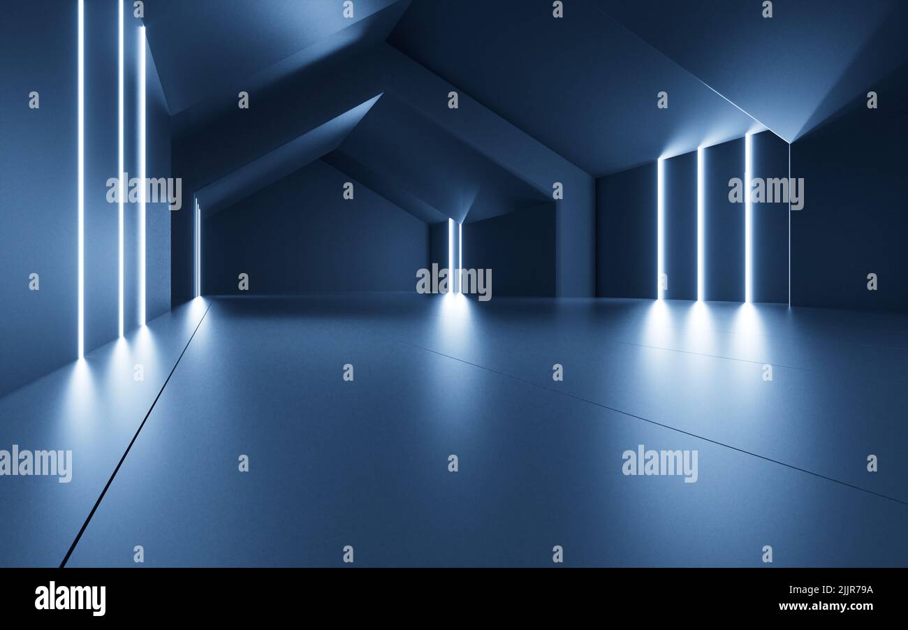 Blue neon tunnel turn the corner, 3d rendering. Computer digital ...