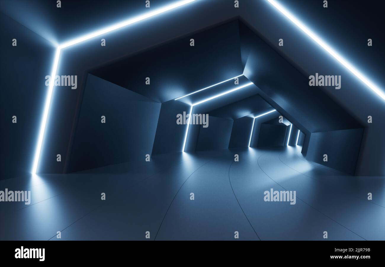 Blue neon tunnel turn the corner, 3d rendering. Computer digital ...